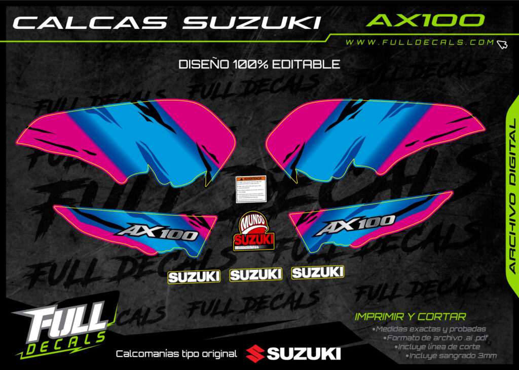 CALCAS SUZUKI AX100 DISEÑO TIPO ORIGINAL ABSTRACT PINK - FULL DECALS