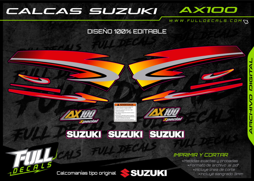 CALCAS SUZUKI AX100 DISEÑO TIPO ORIGINAL CLÁSICA ROJA - FULL DECALS