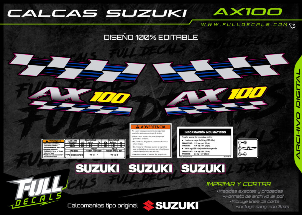 CALCAS SUZUKI AX100 DISEÑO TIPO ORIGINAL MODERNA AZUL - FULL DECALS