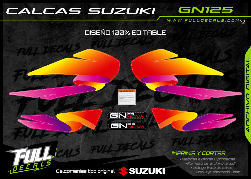 CALCAS SUZUKI GN125 DISEÑO TIPO ORIGINAL COPIA DE RX NARANJA - FULL DECALS