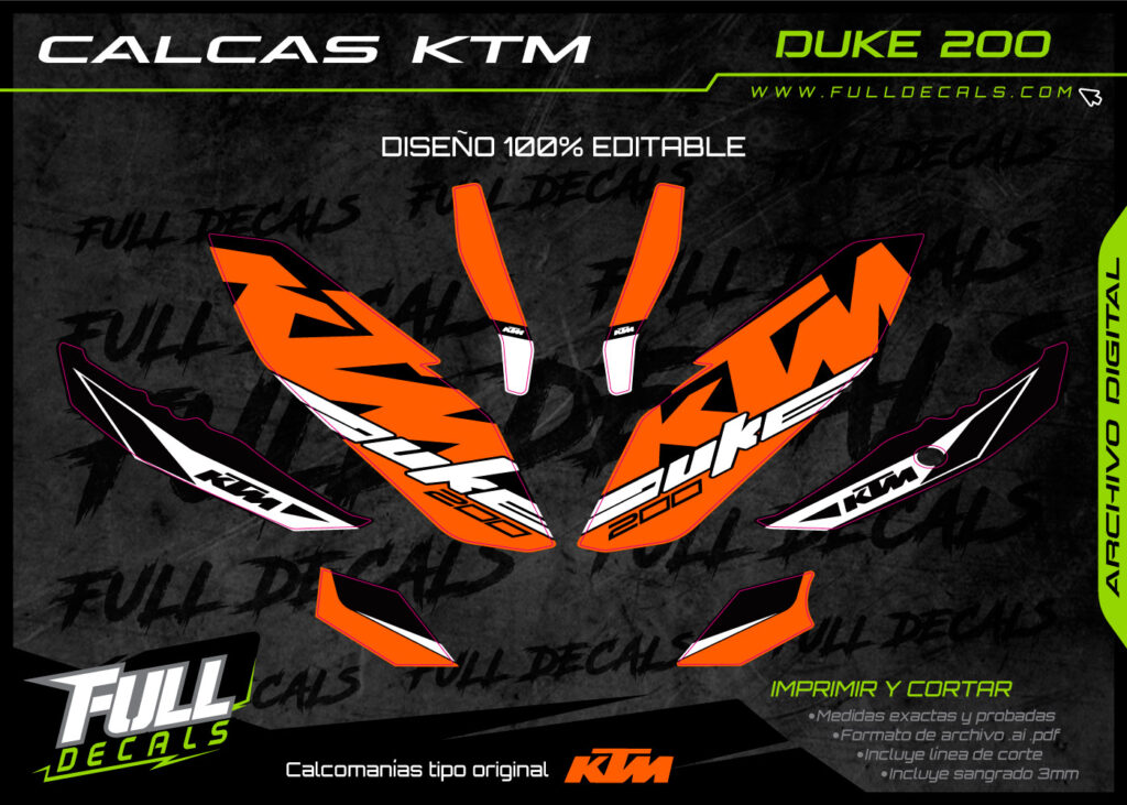 CALCAS KTM DUKE 200 DISEÑO TIPO ORIGINAL NARANJA - FULL DECALS