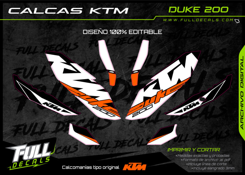 CALCAS KTM DUKE 200 DISEÑO TIPO ORIGINAL BLANCA - FULL DECALS